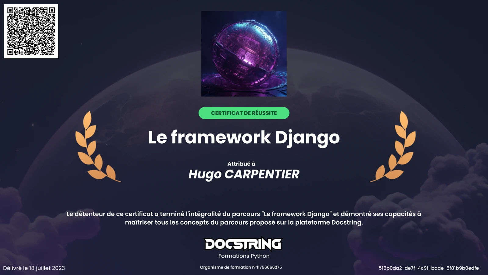Le framework Django - Certificat de Hugo CARPENTIER