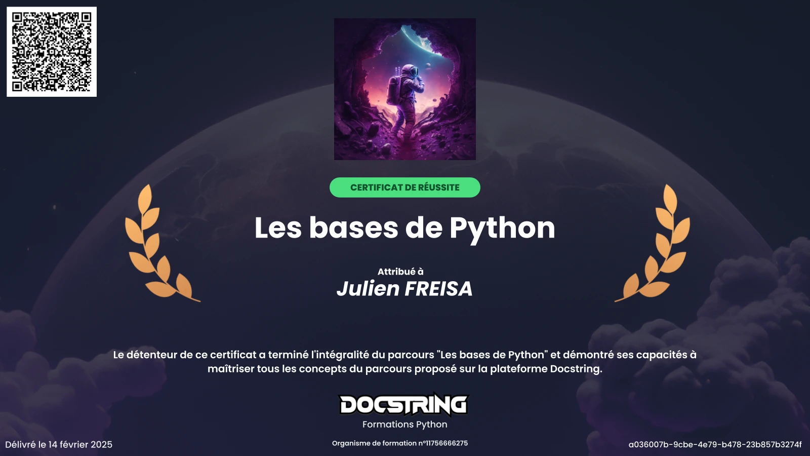 Les bases de Python - Certificat de Julien FREISA