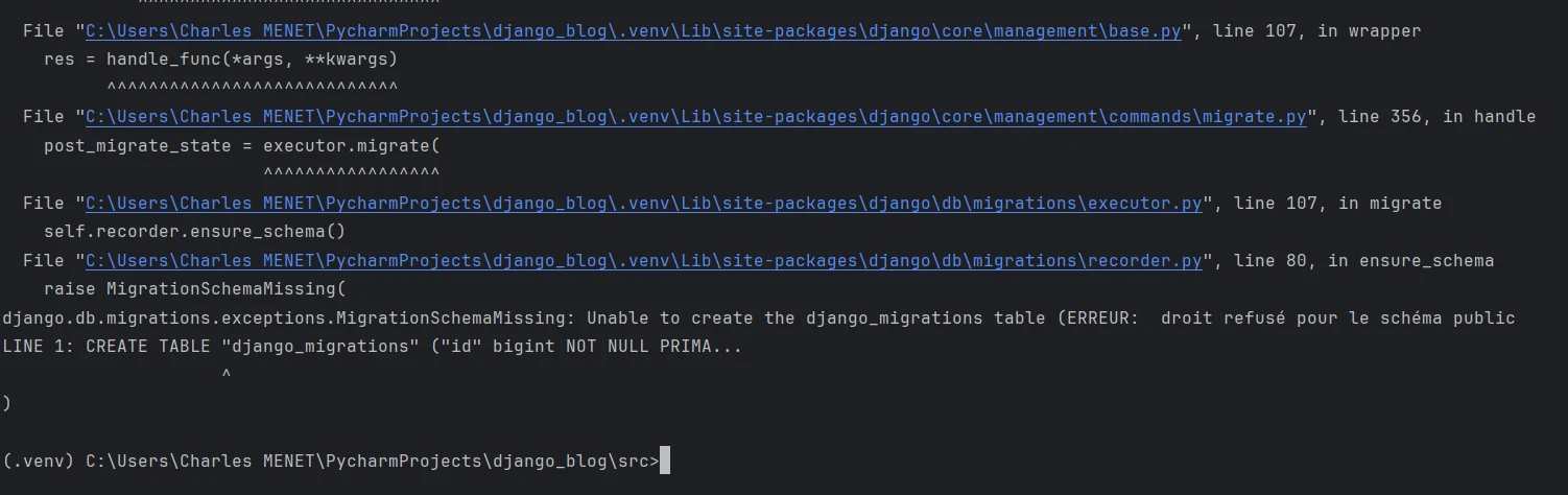 message d'erreur en appliquant les migrations avec la commande python manage.py migrate