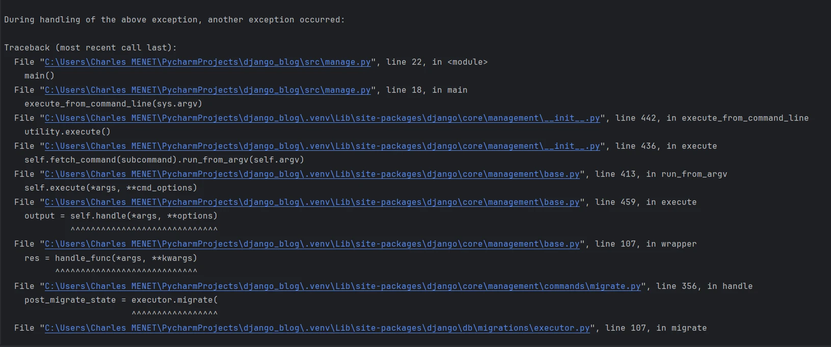 message d'erreur en appliquant les migrations avec la commande python manage.py migrate